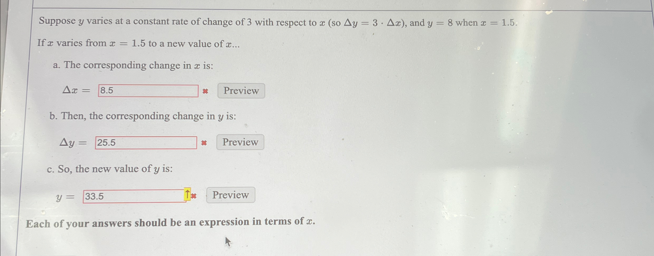 Solved Suppose y ﻿varies at a constant rate of change of 3 | Chegg.com