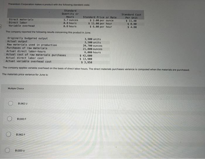 Solved The materials quantity variance for June is: Multiple | Chegg.com