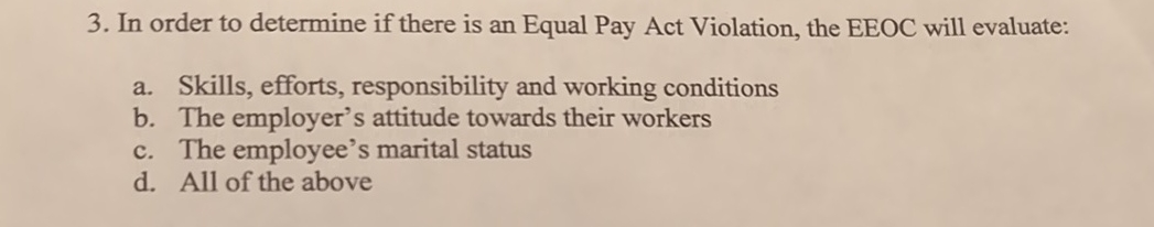 Solved In order to determine if there is an Equal Pay Act | Chegg.com