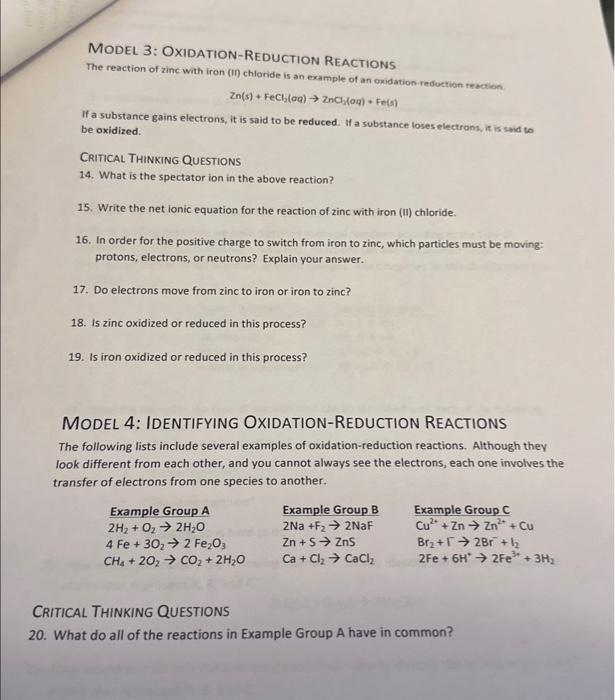 Solved MODEL 3: OXIDATION-REDUCTION REACTIONS The reaction | Chegg.com