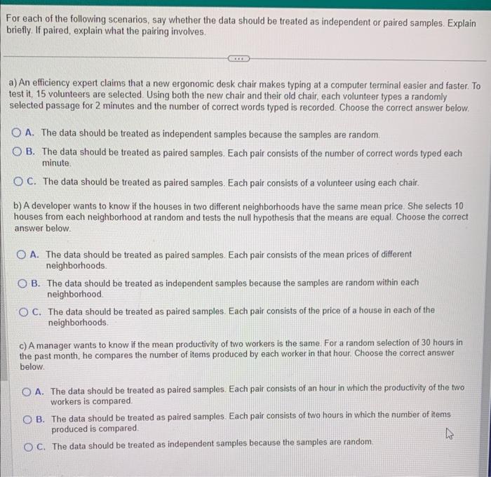 Solved For each of the following scenarios, say whether the | Chegg.com
