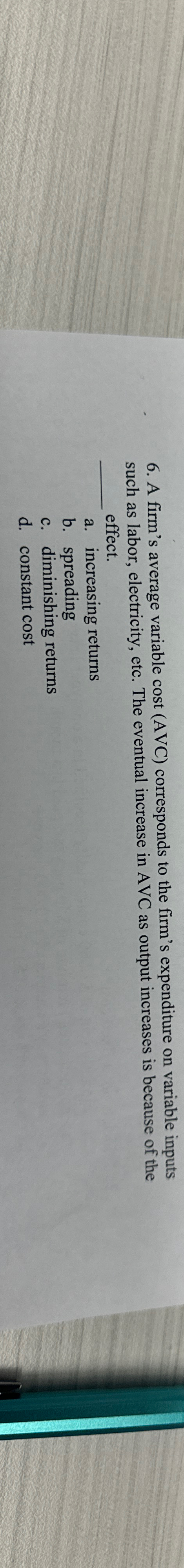 Solved A Firms Average Variable Cost Avc ﻿corresponds To