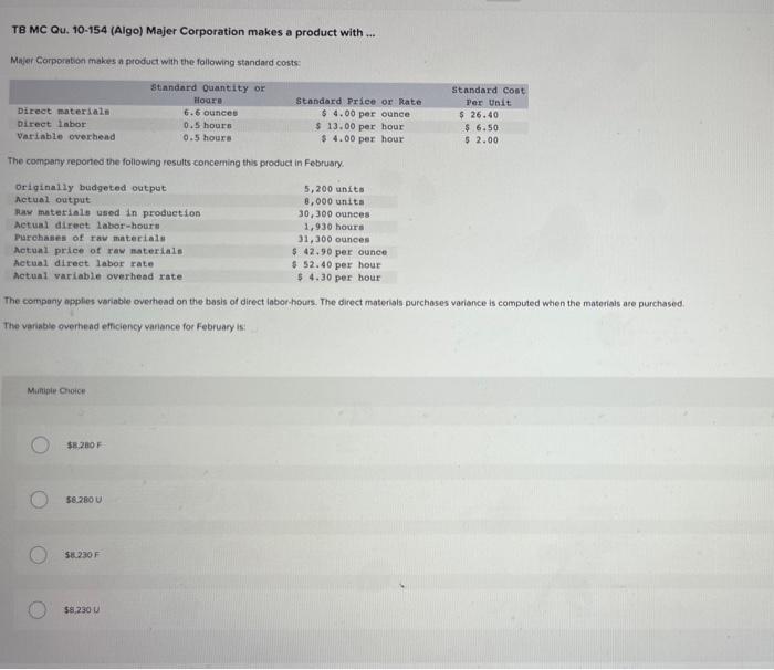 Solved TB MC Qu. 10−154 (Algo) Majer Corporation makes a | Chegg.com