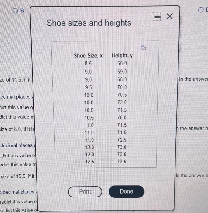 Solved The accompanying data are the shoe sizes and heights | Chegg.com