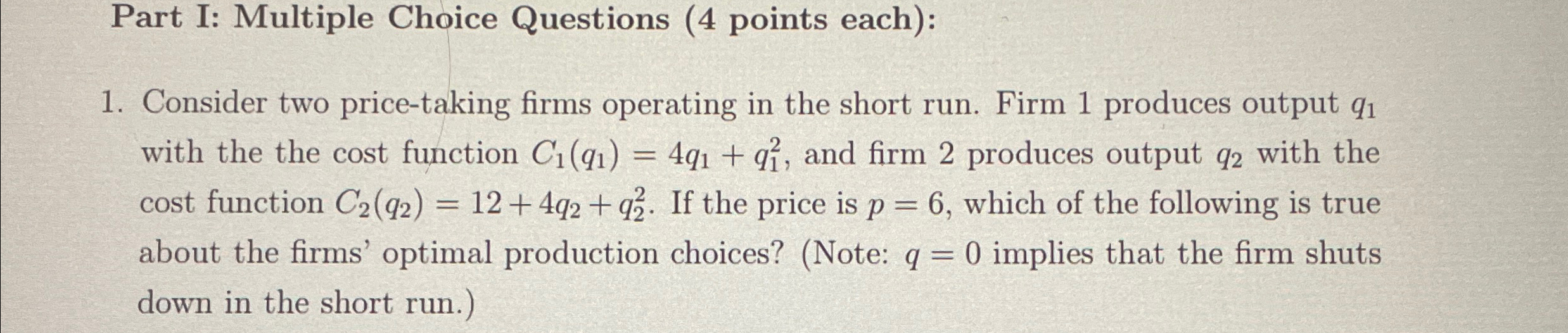 Solved Part I: Multiple Choice Questions (4 ﻿points | Chegg.com