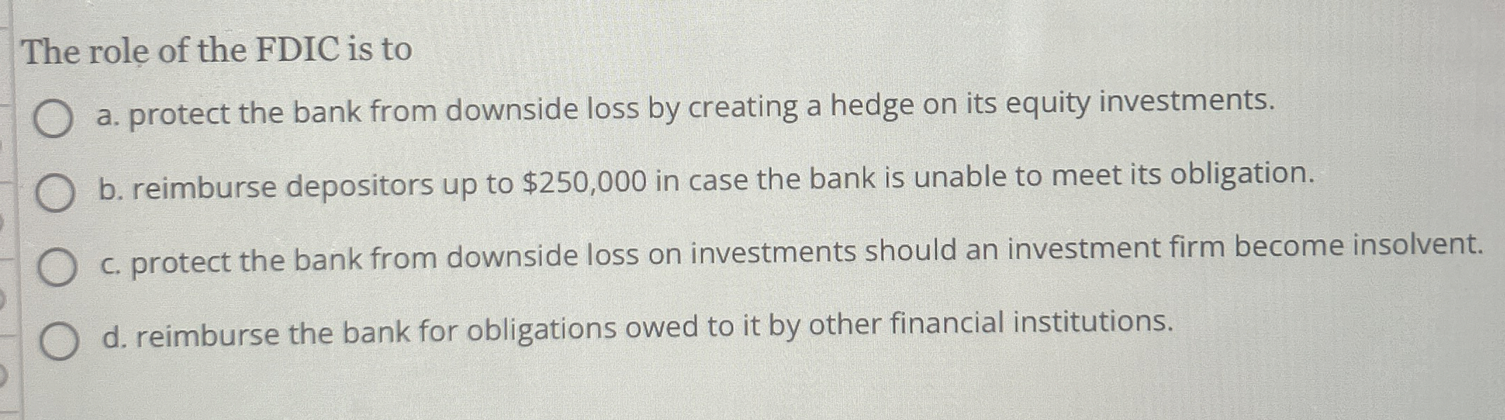Solved The role of the FDIC is toa. ﻿protect the bank from | Chegg.com
