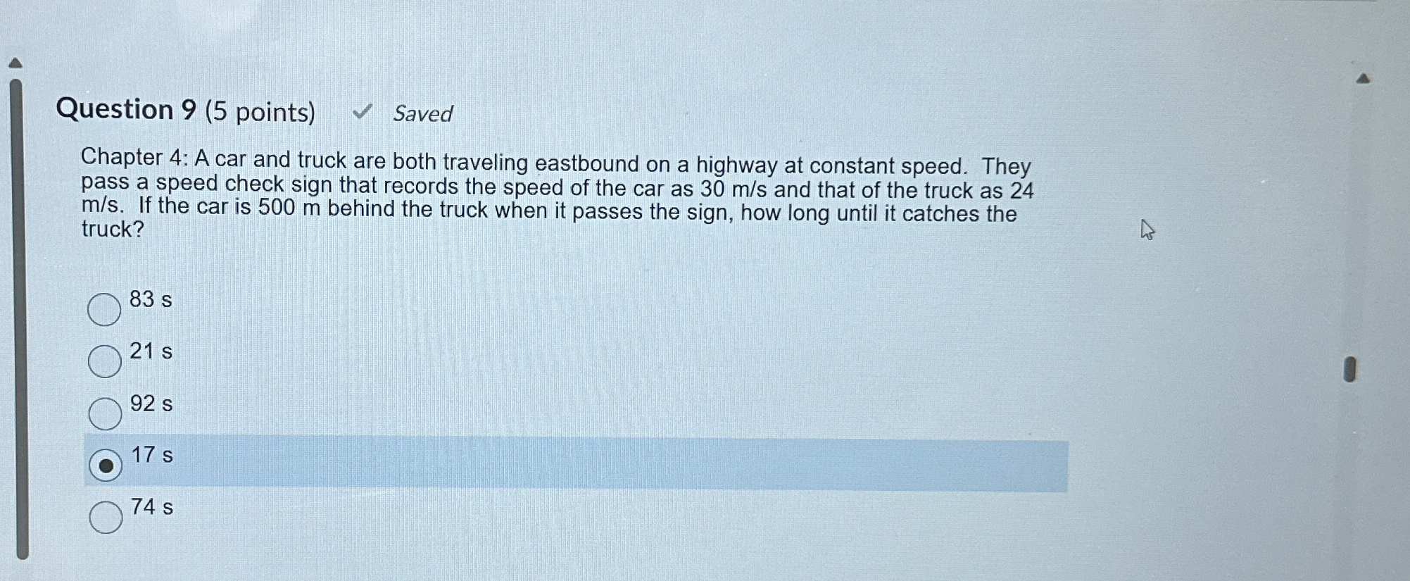 Solved Question 9 (5 ﻿points) ﻿SavedChapter 4: A car and | Chegg.com