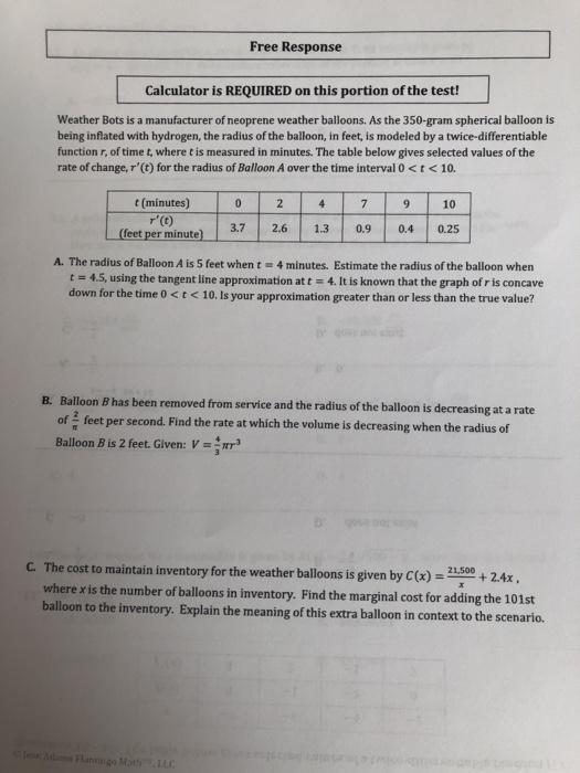 Free Response Calculator is REQUIRED on this portion | Chegg.com