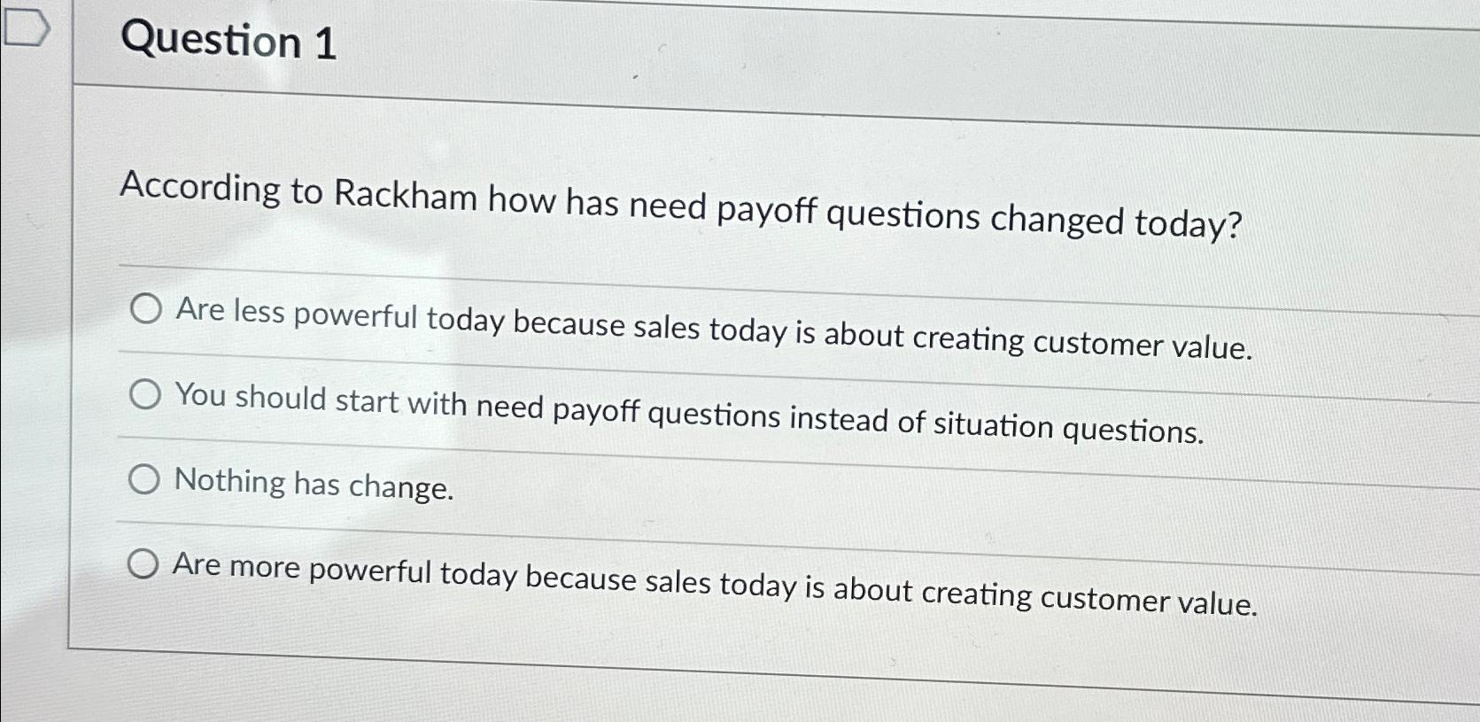 Solved Question 1\\nAccording to Rackham how has need payoff | Chegg.com