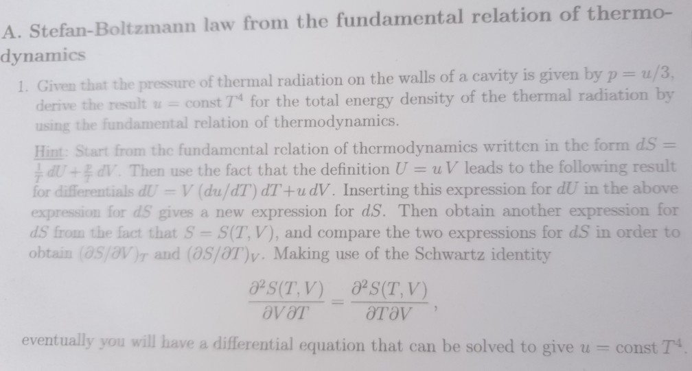 Solved A. Stefan-Boltzmann law from the fundamental relation | Chegg.com