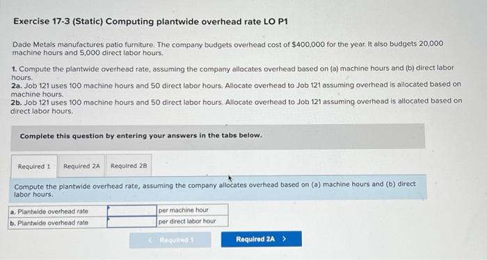 Solved Exercise 17.3 (Static) Computing plantwide overhead | Chegg.com
