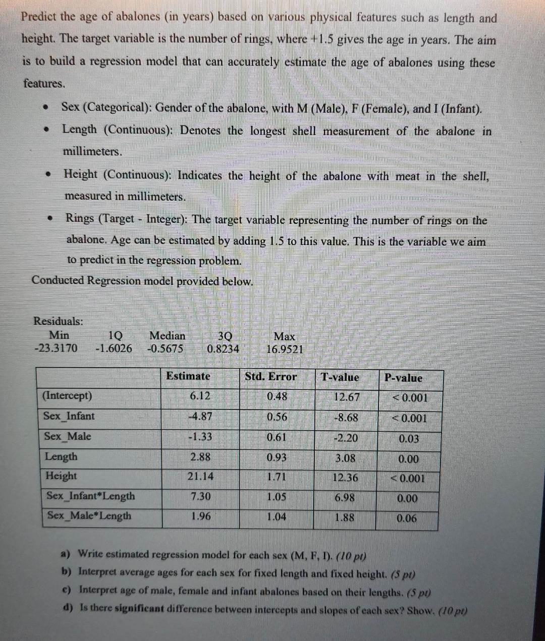 Solved Predict the age of abalones (in years) ﻿based on | Chegg.com