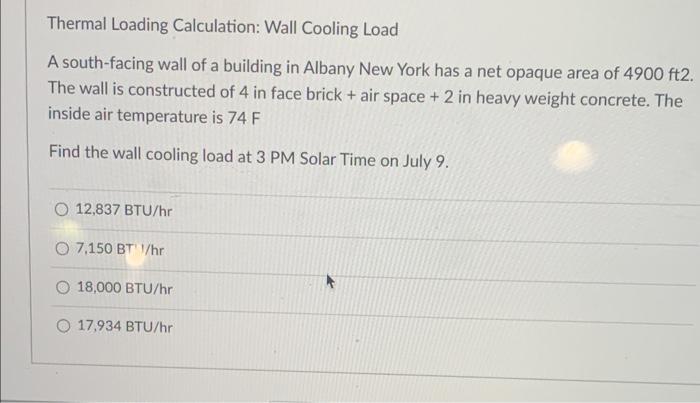 Solved Thermal Loading Calculation: Wall Cooling Load A | Chegg.com