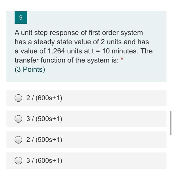 Solved 9 A unit step response of first order system has a | Chegg.com