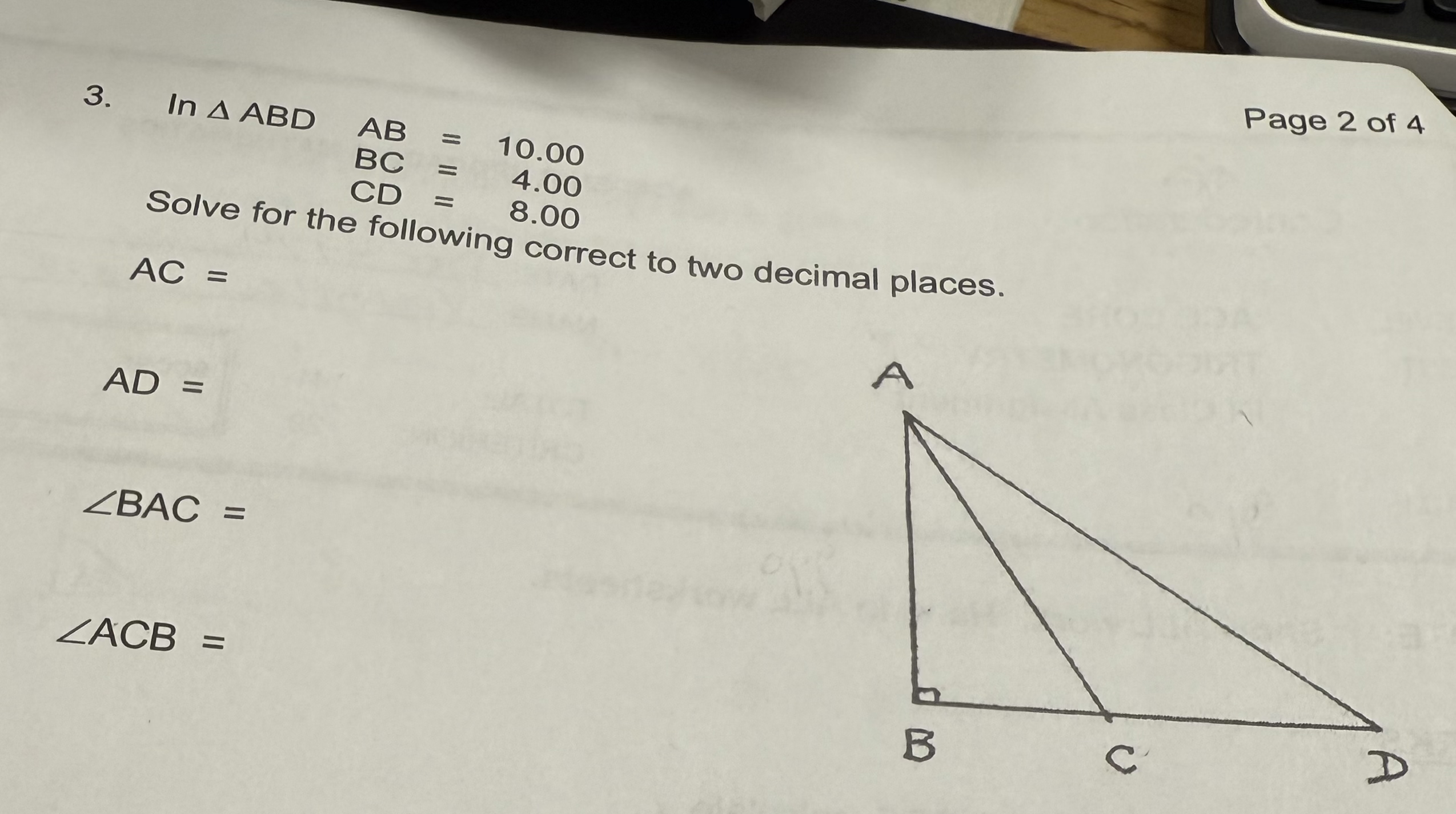 Solved 3. In ????ABD,AB=10.00BC=4.00CD=8.00Page 2 ﻿of 4Solve | Chegg.com
