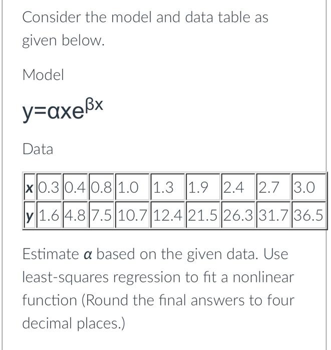 Solved Consider the model and data table as given below. | Chegg.com
