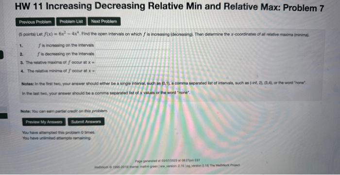 Solved HW 11 Increasing Decreasing Relative Min and Relative | Chegg.com