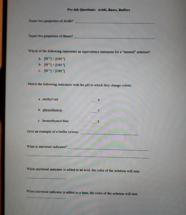 Solved Pre lab Questions: Acids, Bases, Buffers Name two | Chegg.com