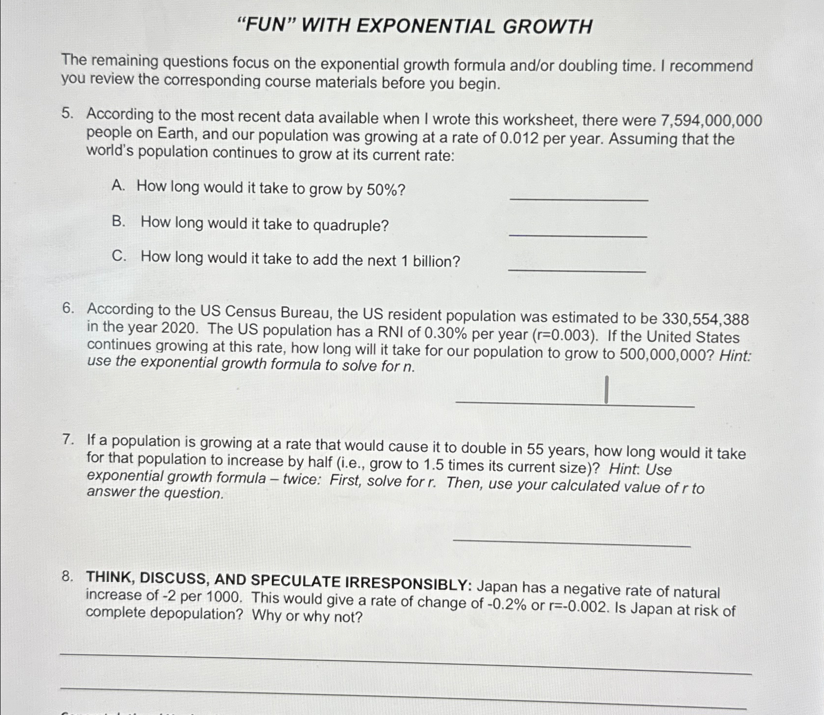 Solved "FUN" WITH EXPONENTIAL GROWTHThe remaining questions | Chegg.com