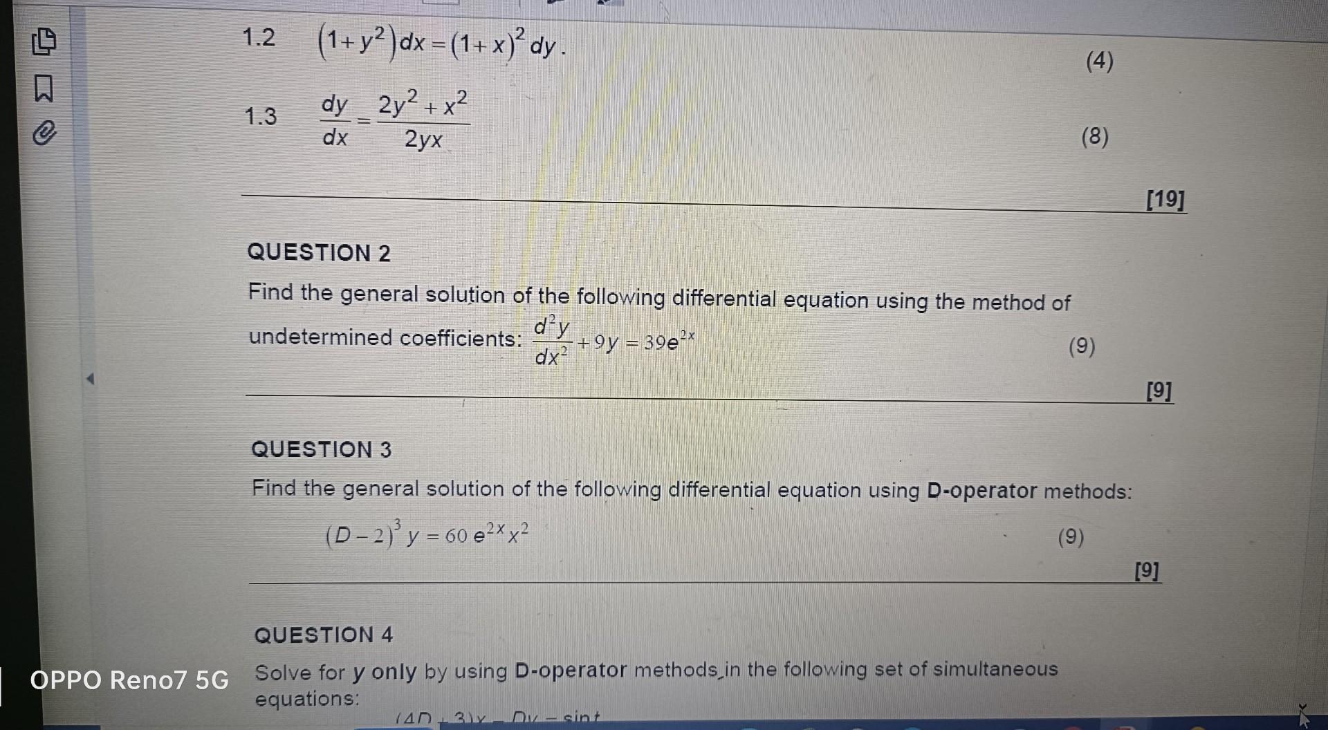 Solved 1.2 (1+y2)dx=(1+x)2dy 1.3dxdy=2yx2y2+x2 (8) [19] | Chegg.com