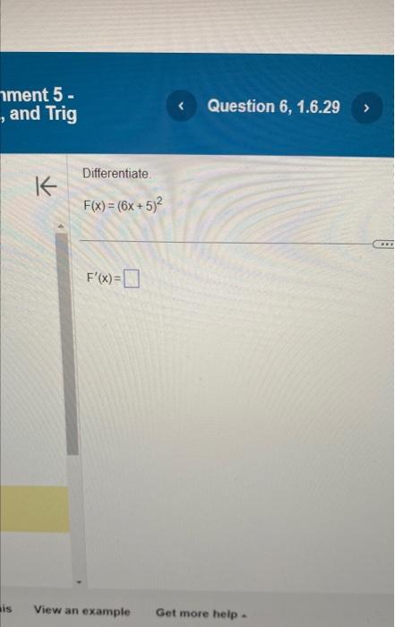 Solved Differentiate. F(x)=(6x+5)2 F′(x)= | Chegg.com