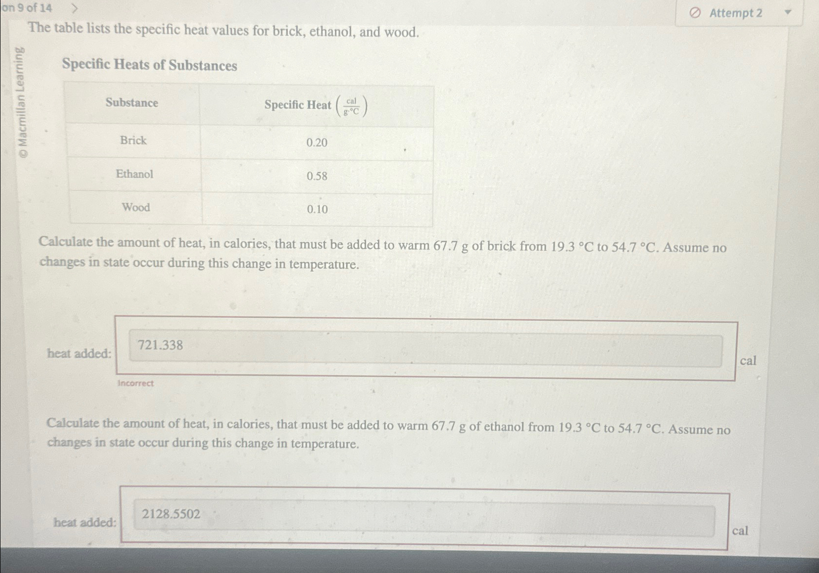 Solved on 9 ﻿of 14Attempt 2The table lists the specific heat | Chegg.com