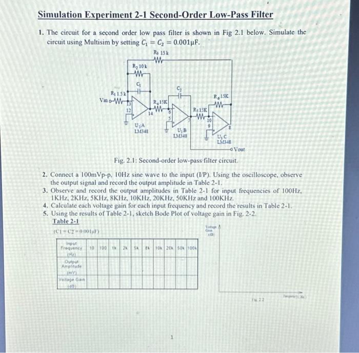 Solved 1. The circuit for a second order low pass filter is | Chegg.com