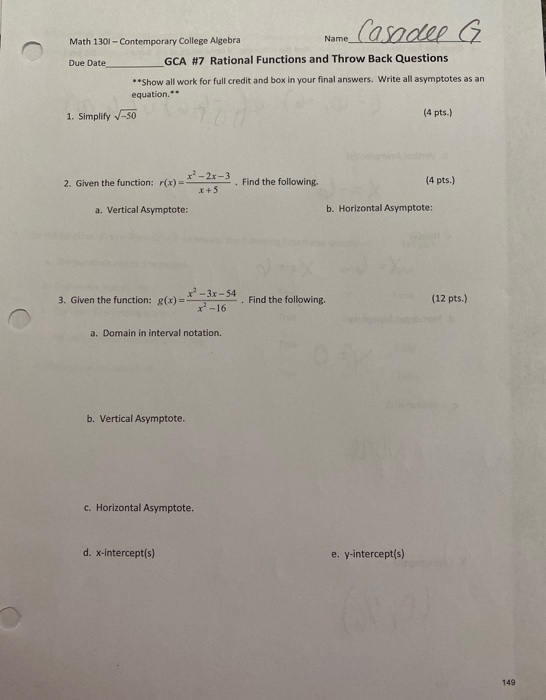Solved Name Casadel G Math 1301 - Contemporary College | Chegg.com