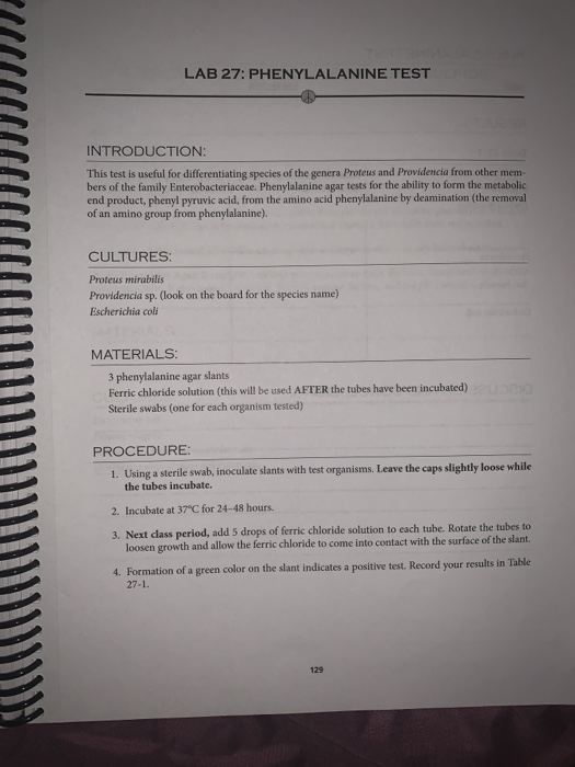 LAB 27: PHENYLALANINE TEST INTRODUCTION This test is | Chegg.com