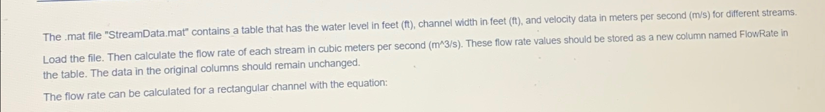 Solved The .mat file "StreamData.mat" contains a table that | Chegg.com