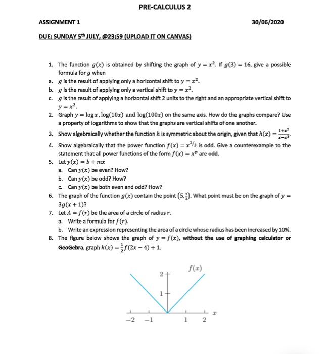 Solved PRE-CALCULUS 2 ASSIGNMENT 1 DUE: SUNDAY 5th JULY, | Chegg.com
