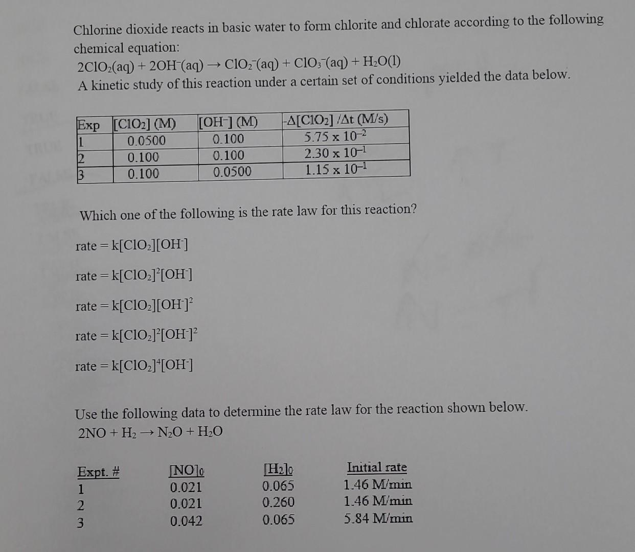 Solved Chlorine dioxide reacts in basic water to form | Chegg.com