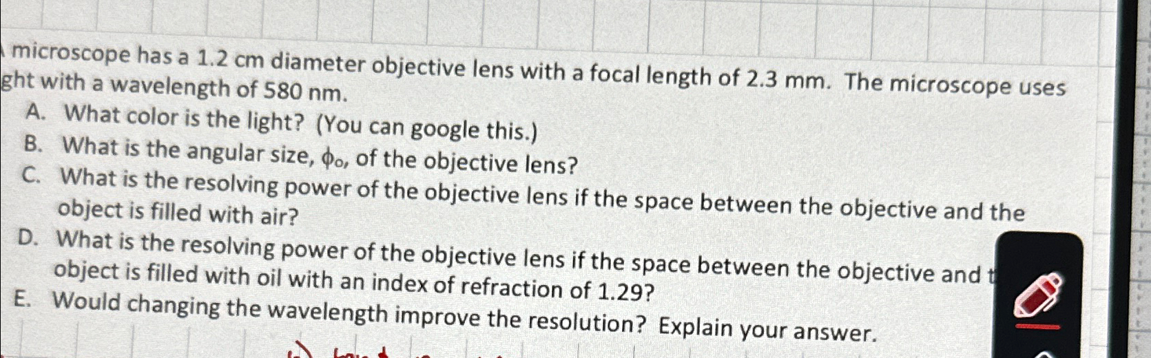 Solved microscope has a 1.2cm diameter objective lens with a | Chegg.com