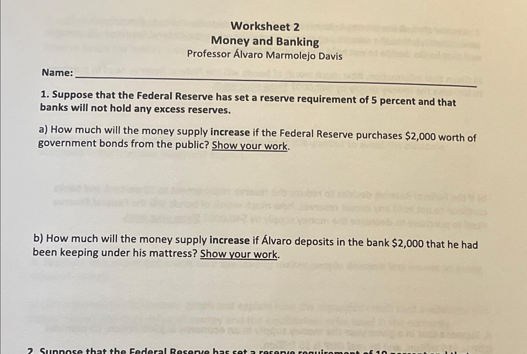 Worksheet 2Money and BankingProfessor Álvaro | Chegg.com
