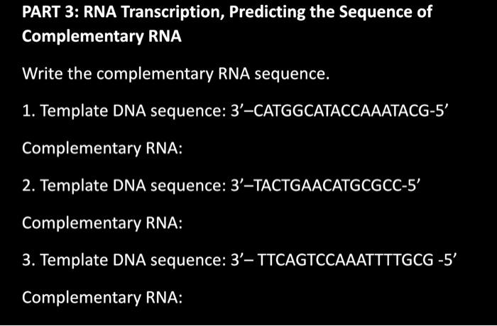 Solved PART 3: RNA Transcription, Predicting the Sequence of | Chegg.com