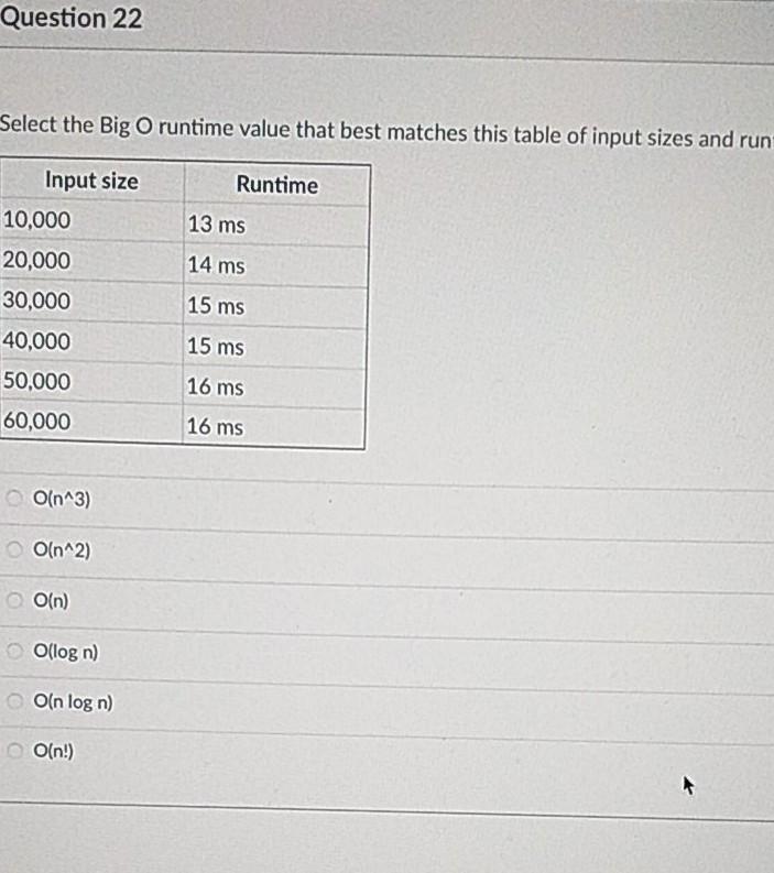Solved Select the Big O runtime value that best matches this | Chegg.com
