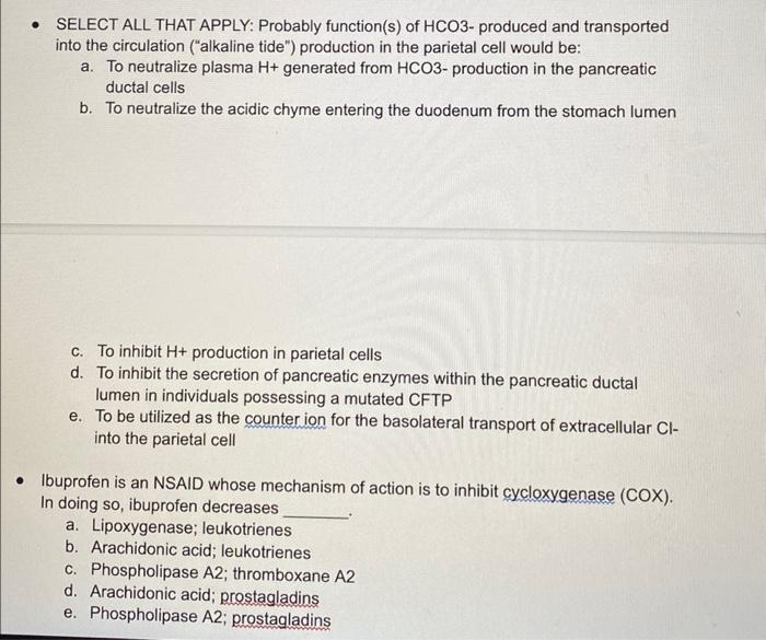 Solved SELECT ALL THAT APPLY: Probably function(s) of HCO3- | Chegg.com