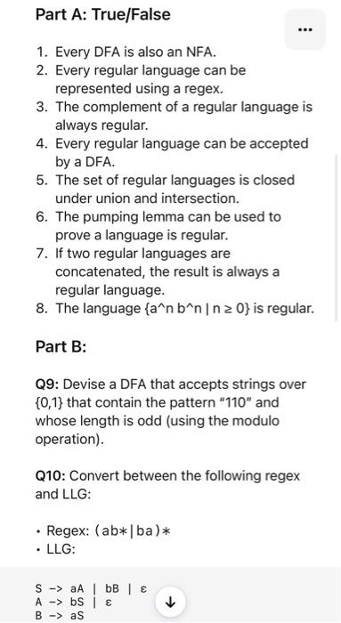 Solved Part A: True/False 1. Every DFA is also an NFA. 2. | Chegg.com