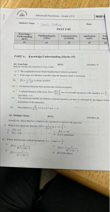 PART A: Knowledge/Understanding \{Marks-15] Qt. Trew | Chegg.com