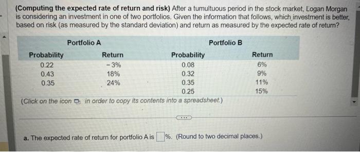 Solved (Computing the expected rate of return and risk) | Chegg.com