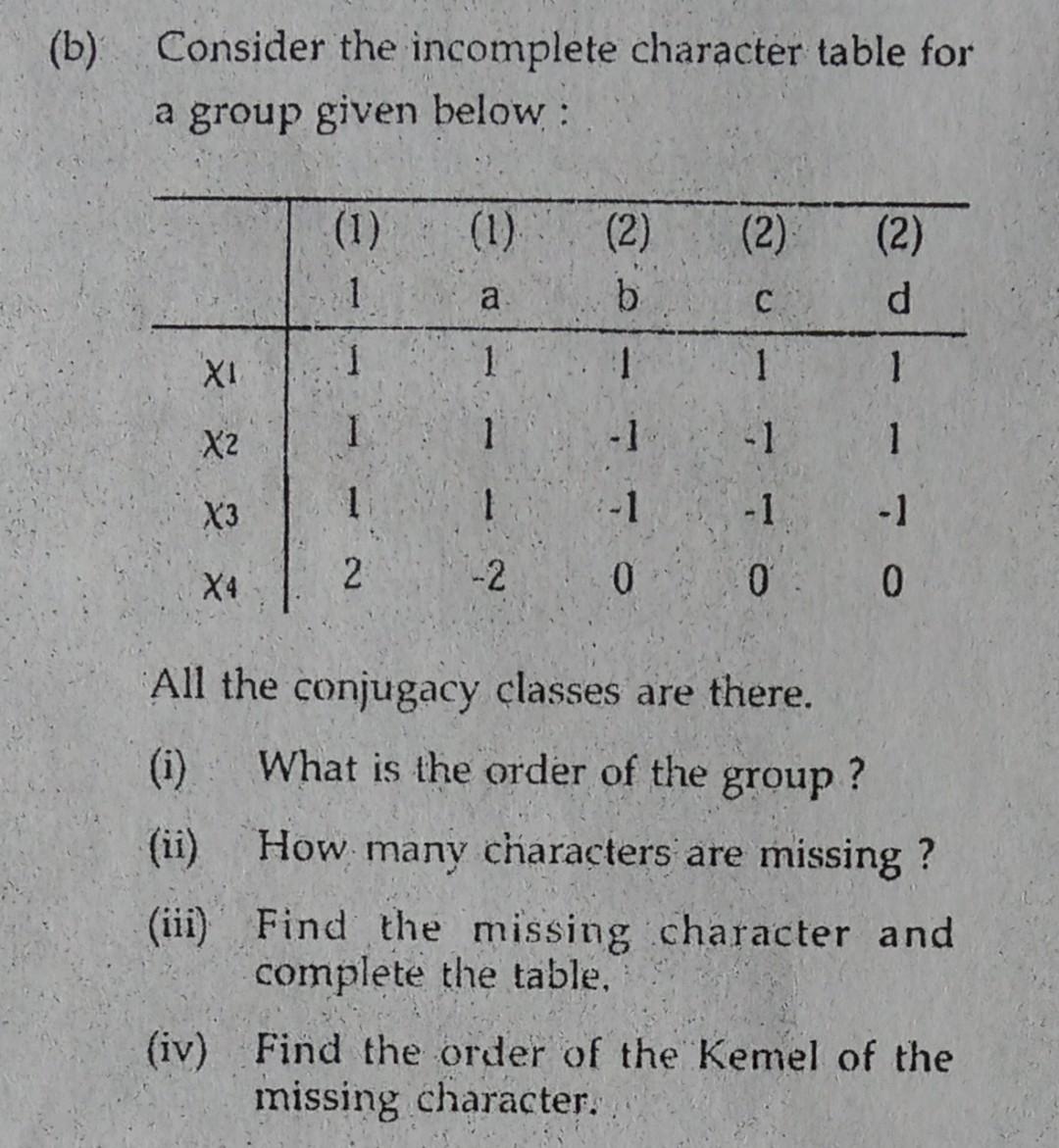 Solved (b) Consider the incomplete character table for a | Chegg.com