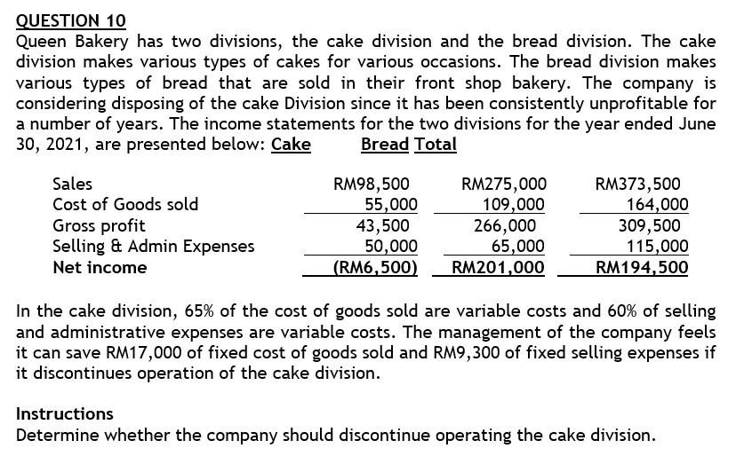 Solved QUESTION 10 Queen Bakery has two divisions, the cake | Chegg.com