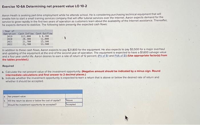 Exercise 10-6A Determining net present value LO 10-2 | Chegg.com