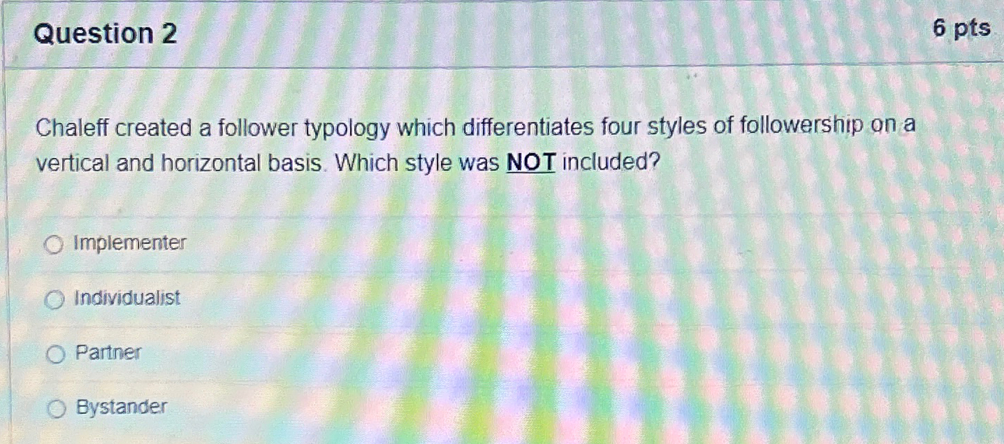 Solved Question 26 ﻿ptsChaleff created a follower typology | Chegg.com