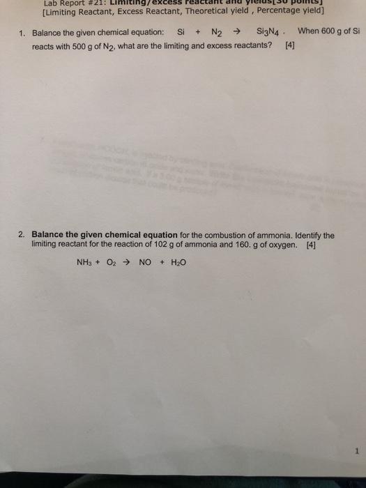 Solved Lab Report #21: [Limiting Reactant, Excess Reactant, | Chegg.com