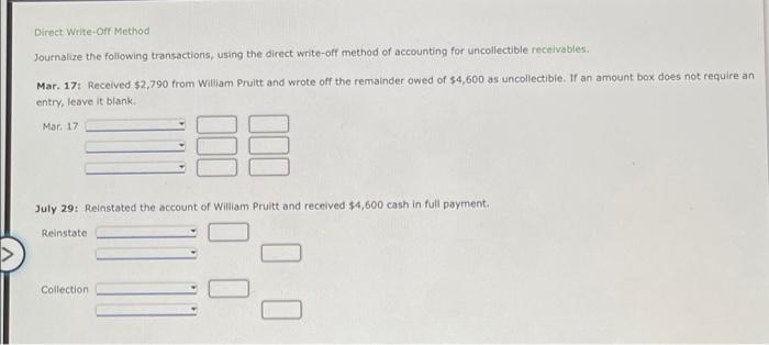 Solved Direct Write-off Method Journalize the following | Chegg.com