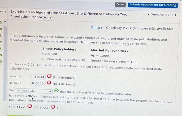 Solved ons Exercise 10.44 Algo (Inferences About the | Chegg.com