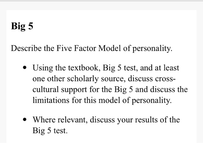 Big 5 Describe the Five Factor Model of personality. | Chegg.com