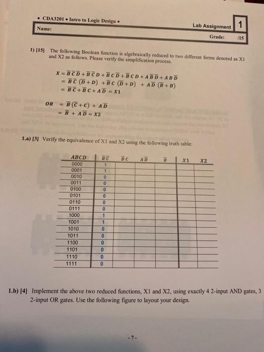 Solved • CDA3201 - Intro to Logie Design Name: 1 Lab | Chegg.com