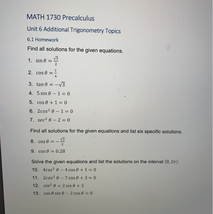 Solved MATH 1730 Precalculus Unit 6 Additional Trigonometry | Chegg.com